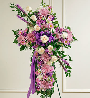 Lavish Purple Cross Standing Spray c2394 | Funeral Flower Arrangements